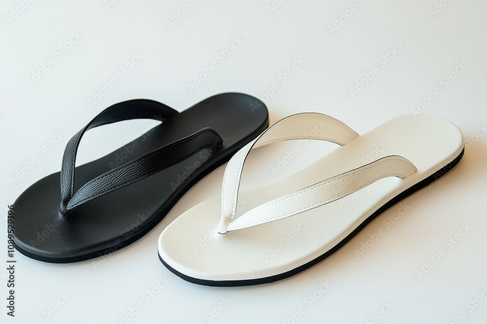 Black and white flip-flops displayed side by side on a clean white ...