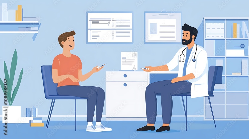 A doctor explaining the injection process to a nervous patient in a ...