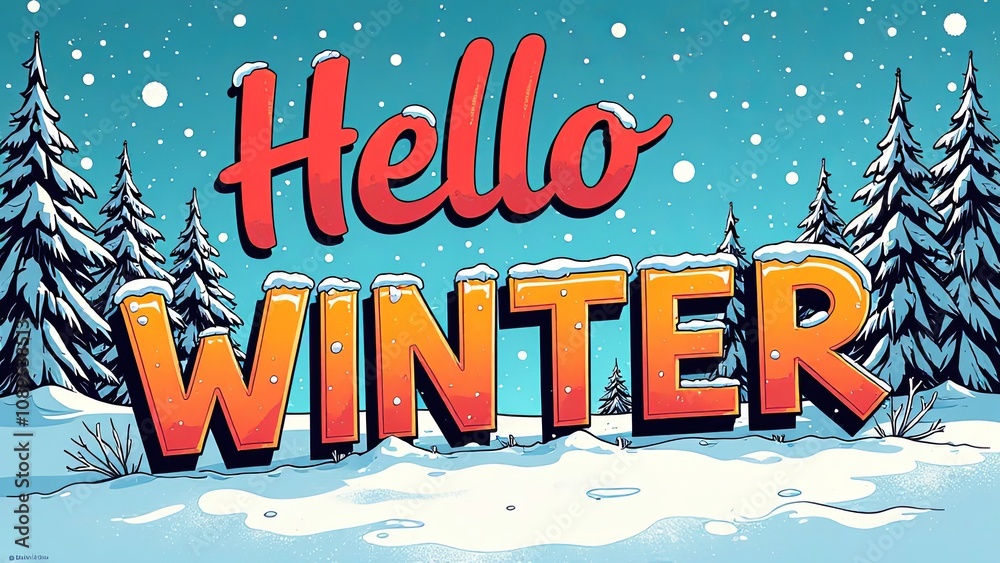 Hello winter in large letters banner on sky and snow background ...