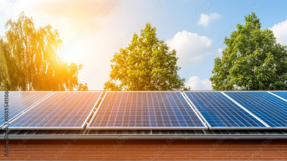 A rooftop adorned with solar panels captures sunlight, surrounded by ...