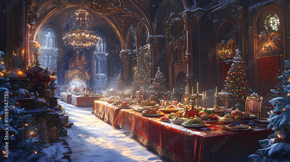 Opulent medieval holiday feast in grand dining hall amidst winter ...