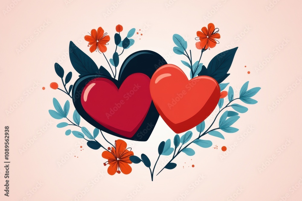 whimsical love illustration, simple drawing of intertwined hearts with ...