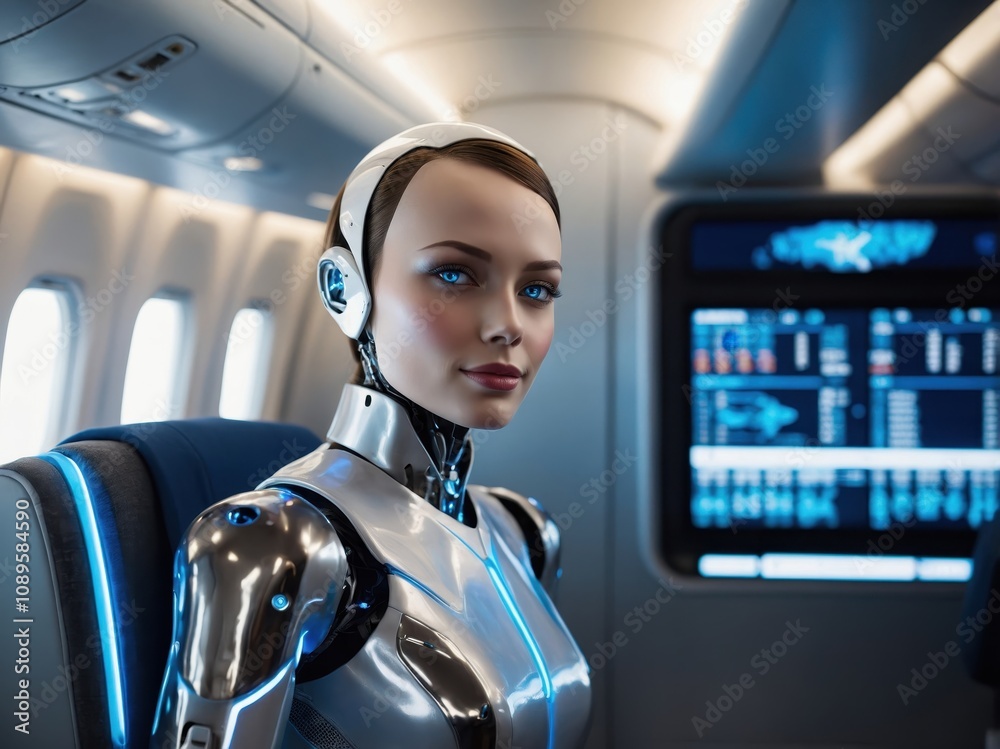 A stunning humanoid robot stewardess, elegantly designed with ...