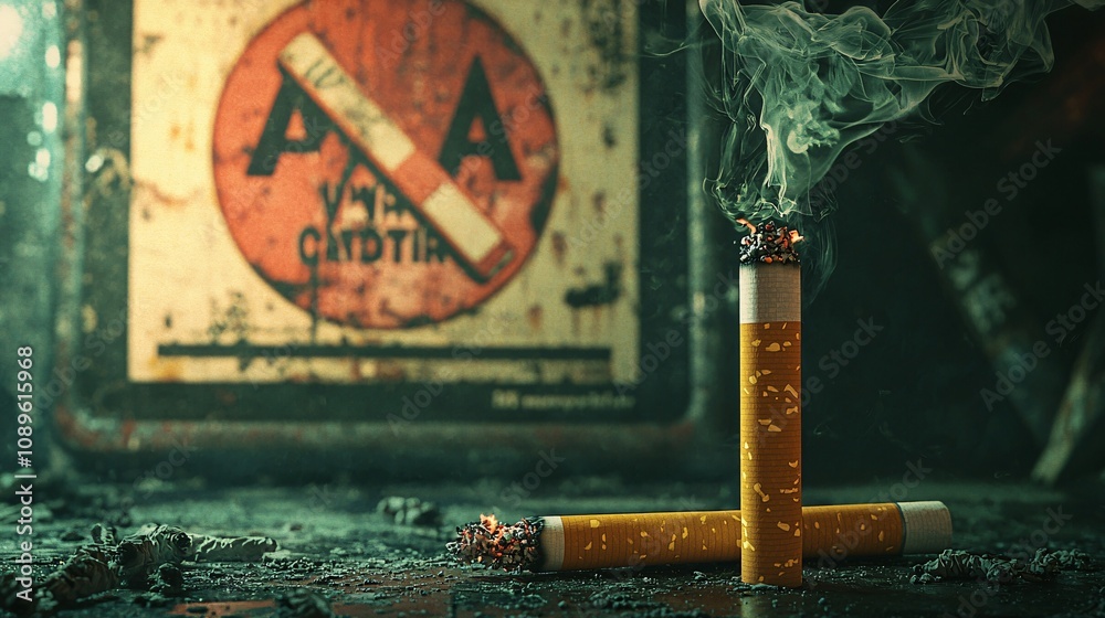 Artistic representation of cigarettes with smoke and a warning sign ...