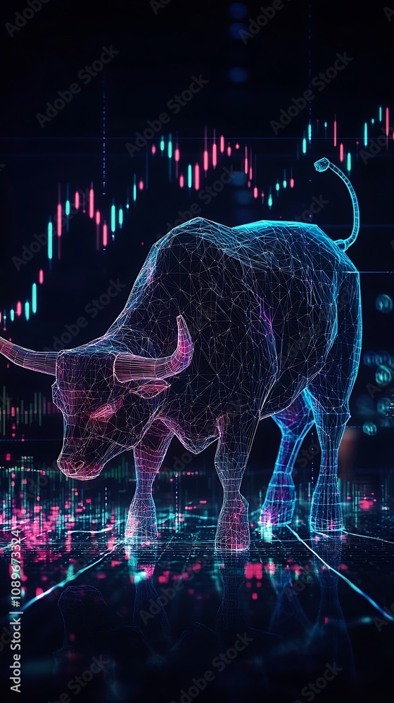 Bull market symbol alongside Japanese candlestick patterns photos Stock ...