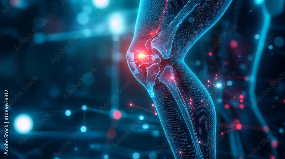 X-ray of knee joint showing injury signals in red and healthy tissues ...