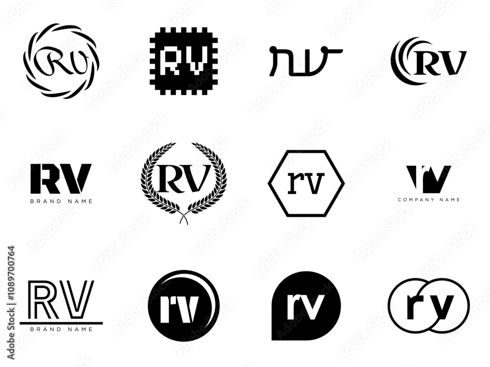 RV logo company template. Letter r and v logotype. Set different ...