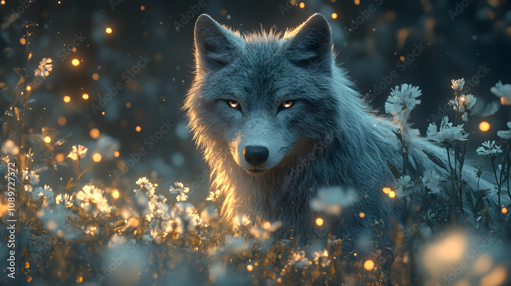 Dreamlike Twilight Illustration of a Young Silver-Coated Wolf Howling ...