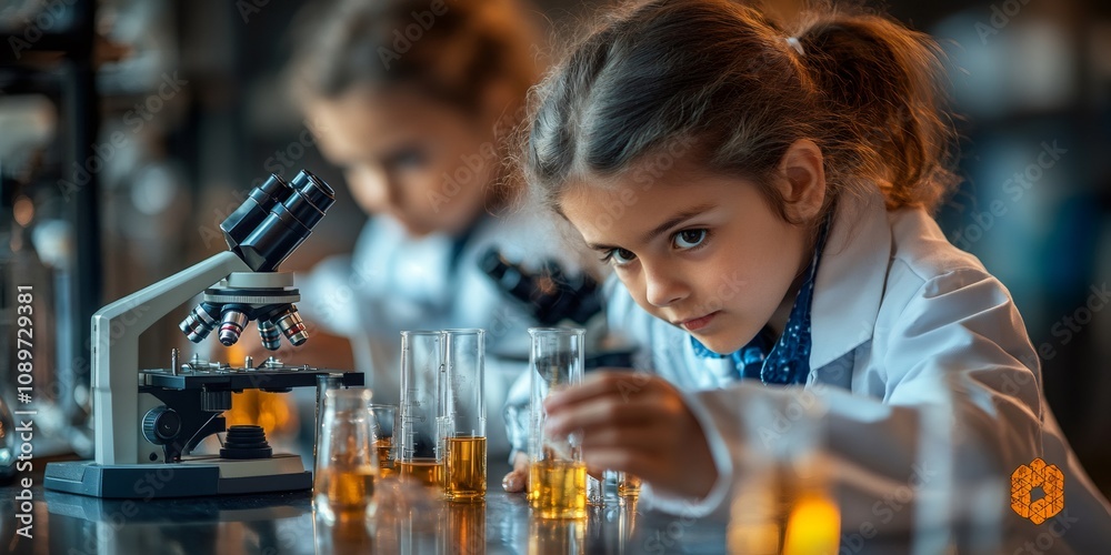 young scientists research, kids in lab coats conduct experiments with ...