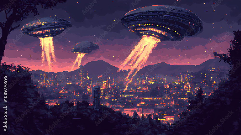 Pixel alien invasion. pixelart, style, vintage, gaming, bit, alien ...