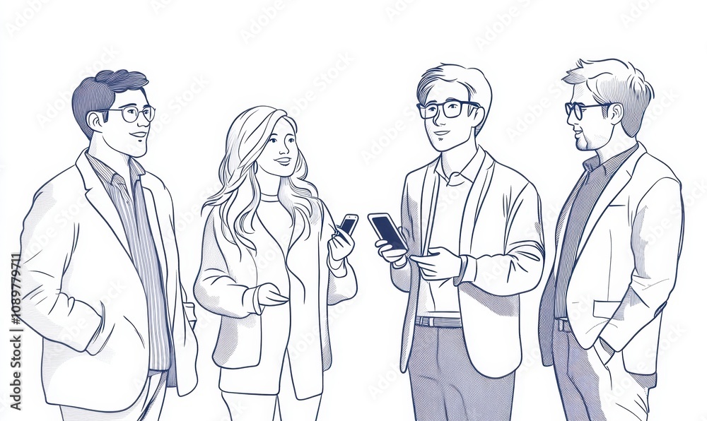 A simple line drawing depicts five people standing next to each other ...