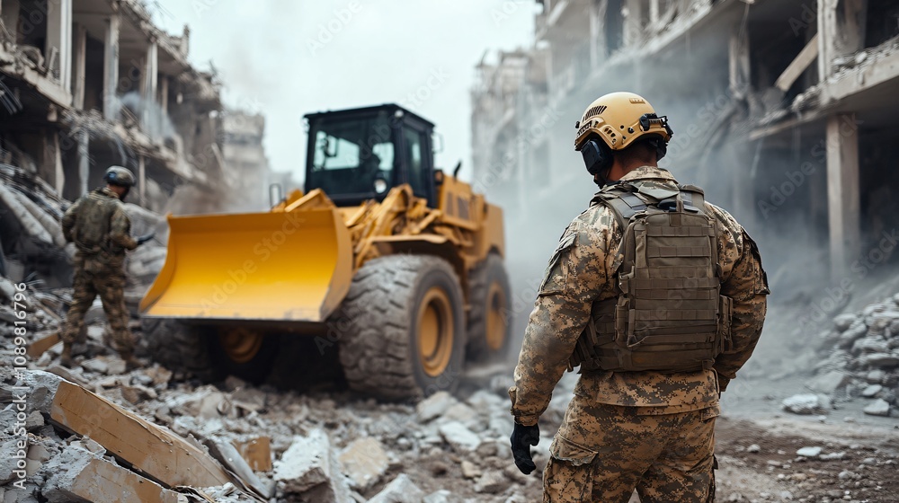 Military personnel with heavy equipment overseeing a bulldozer clearing ...
