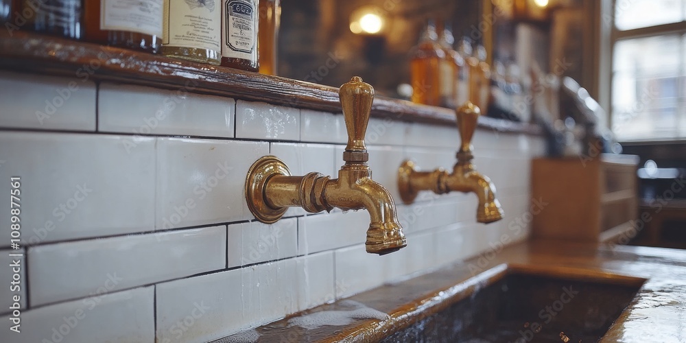 A meticulously detailed image featuring brass beer taps in a cozy pub ...