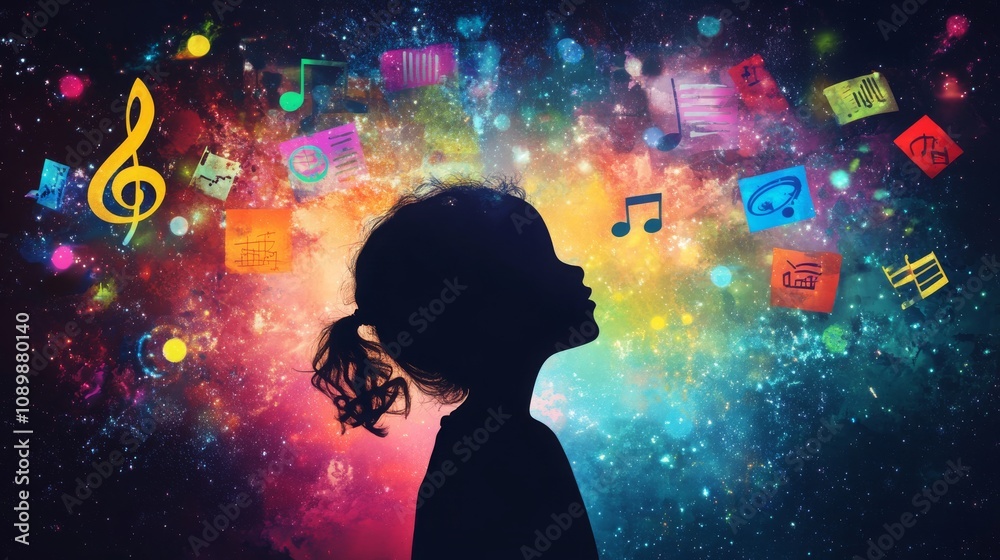 Child silhouette with education icons, music notes, space and math ...