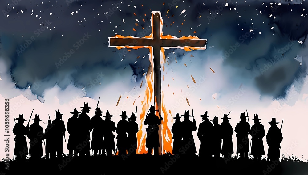 Early members of the Ku Klux Klan stand around a burning cross in the ...