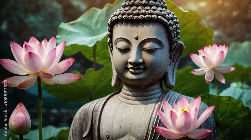 Beautiful of lotus flower and buddha image put together look like art ...