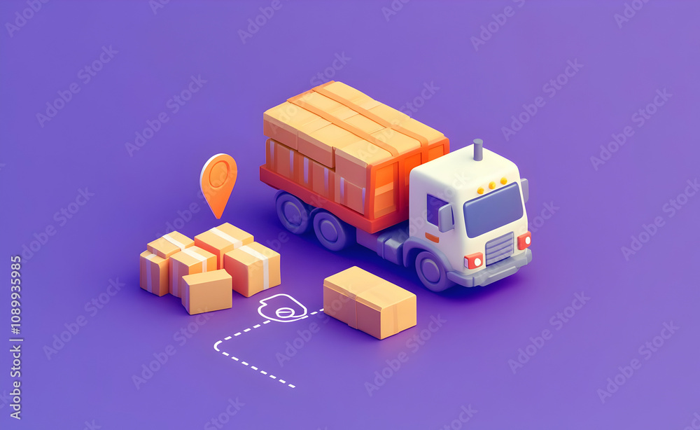 3D illustration of a delivery truck carrying packages, with a route ...
