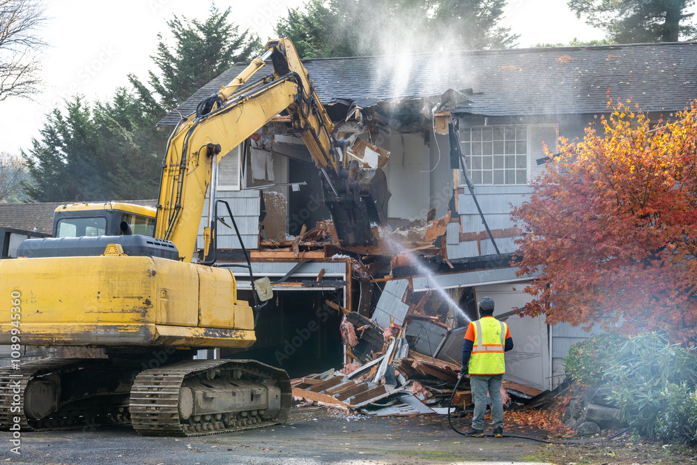 Excavator parked in a driveway of a house in the process of being torn ...