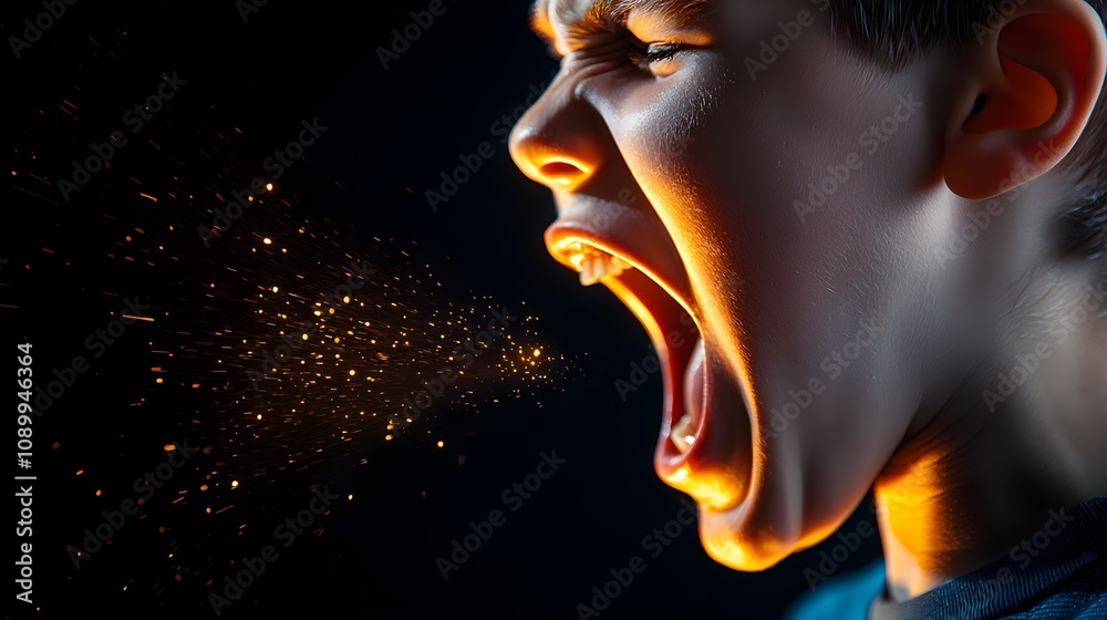 Preteen boy caught in a moment of intense anger, facial muscles tensed ...