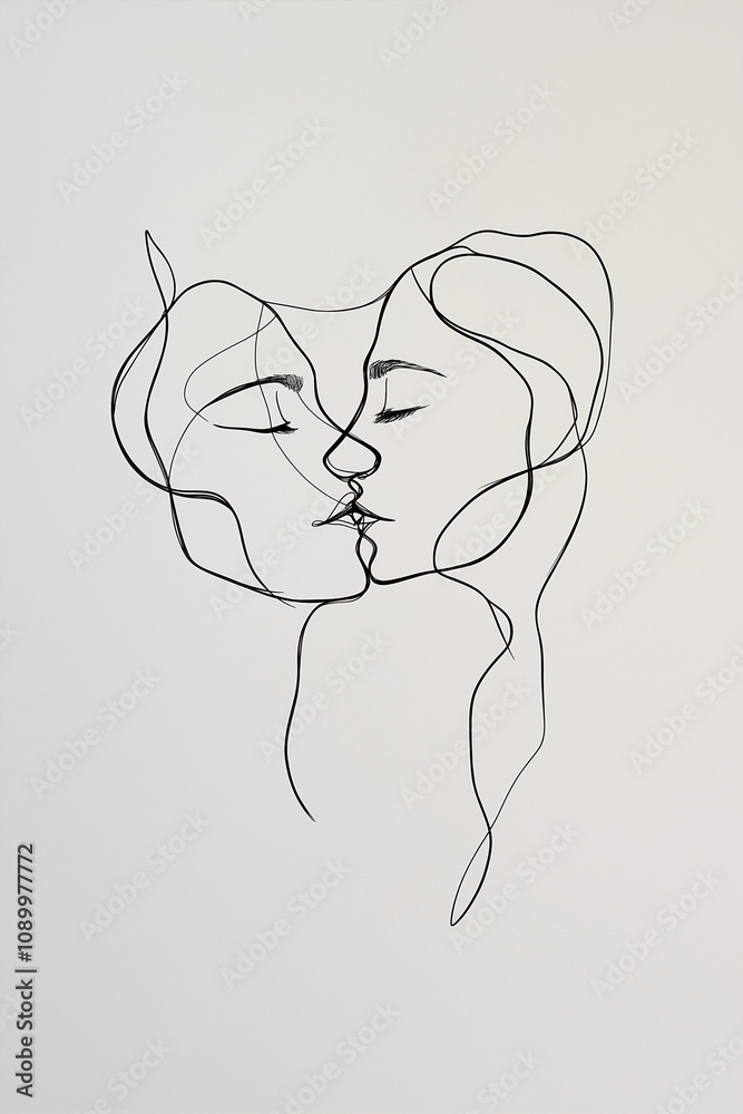 Romantic line art of a kissing couple, capturing the tender moment with ...