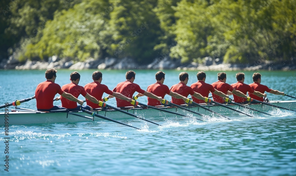 Rowing team in synchronized motion on water, eight athletes in red ...