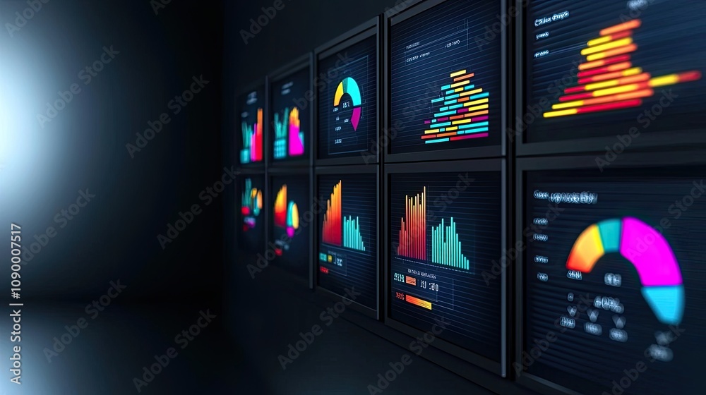 Digital marketing e-commerce audience concept. A modern data visualization display featuring ...