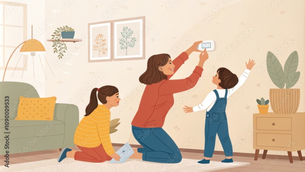 Reducing Utilities A family turning off lights and adjusting the thermostat depicting efforts to ...