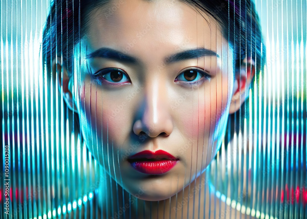 Abstract woman portrait with glass texture. Glitched and corrupted ...