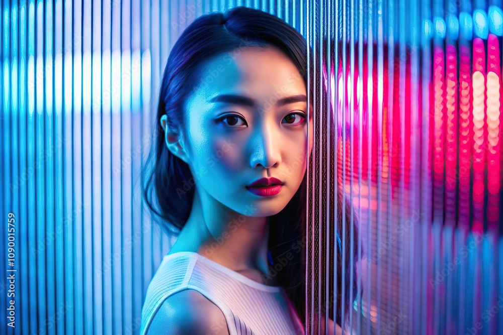 Abstract woman portrait with glass texture. Glitched and corrupted ...