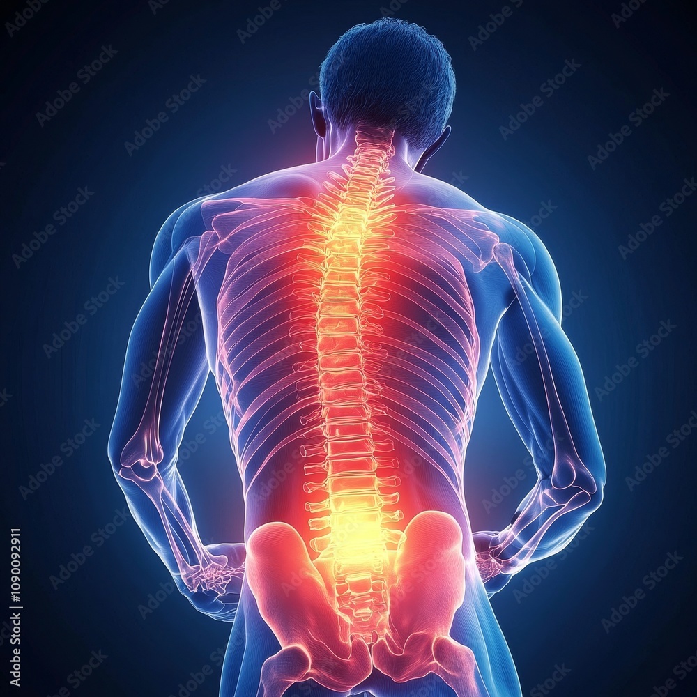 Lumbar spine injury illustration, focusing on nerve compression and ...