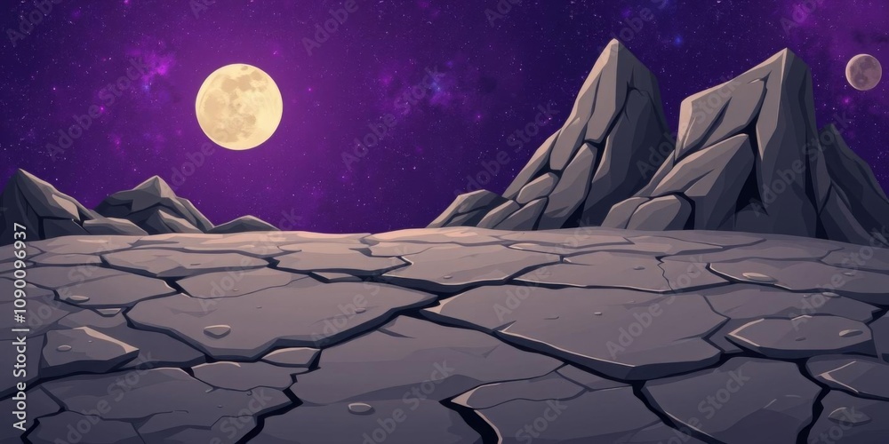 Alien planet with craters and lighted crack under purple galaxy sky ...