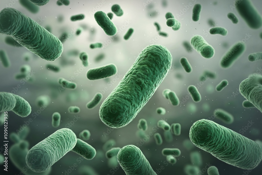 microscopic view of green bacteria floating in a soft-focus background ...