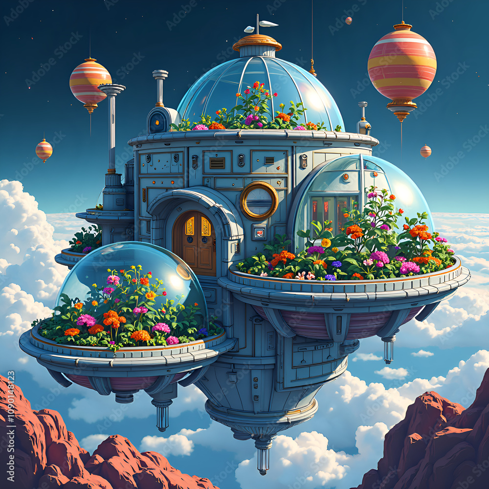 A floating garden retreat with glass domes and colorful planets in a ...