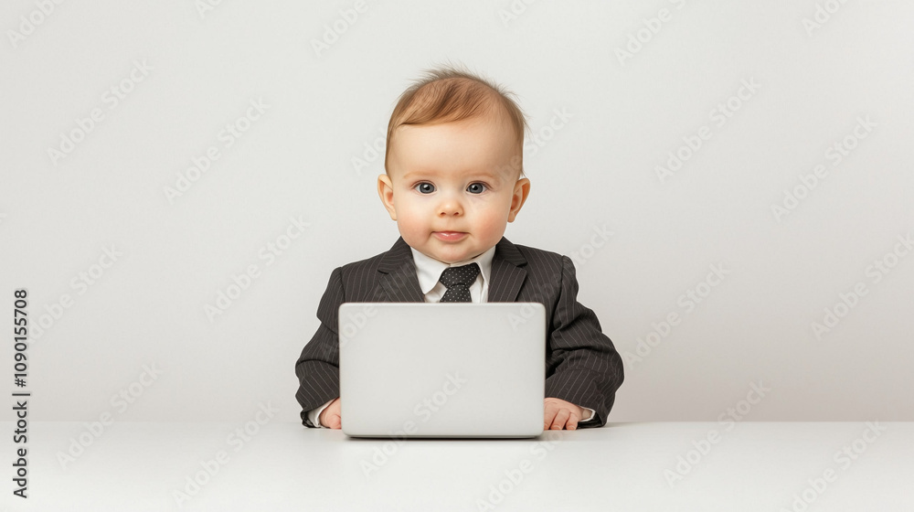 Baby Boss: A cute baby in a suit, confidently working on a laptop ...