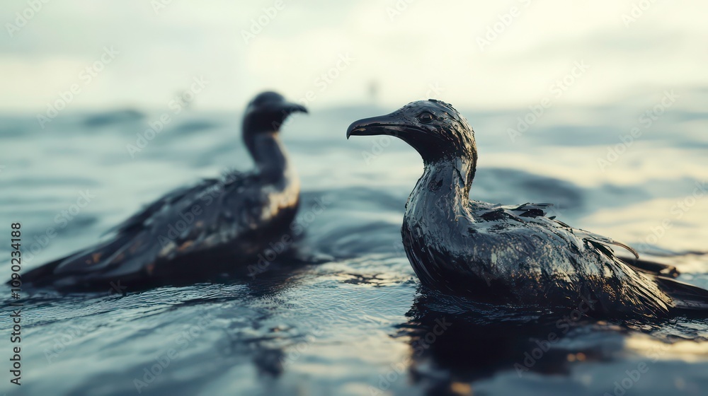 Oil spill contaminating the ocean, seabirds soaked in oil, representing ...