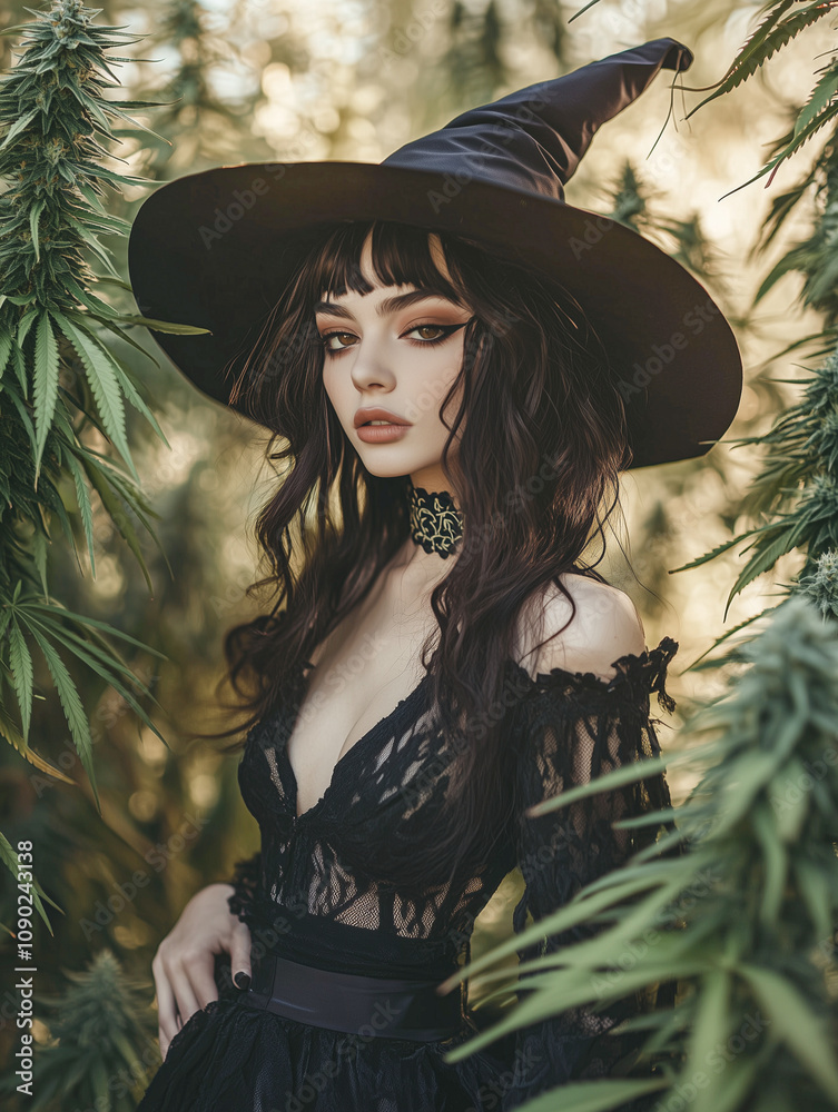 Beautiful sexy witch standing confidently in a vibrant cannabis ...