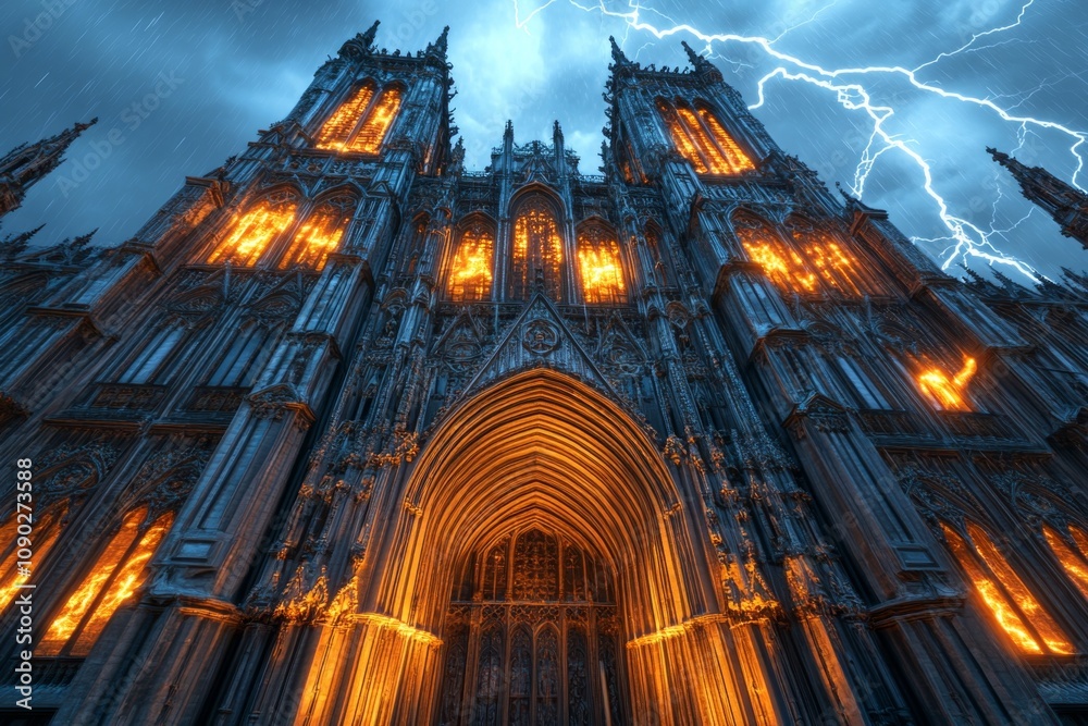 Air swirling violently around a Gothic cathedral during a thunderstorm ...