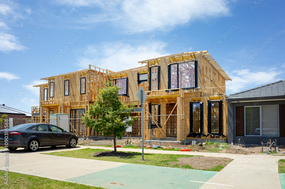 New residential construction site showing timber frame house in ...