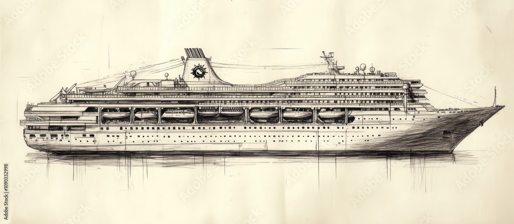 Detailed pen sketch of a cruise ship, side profile with multiple decks ...