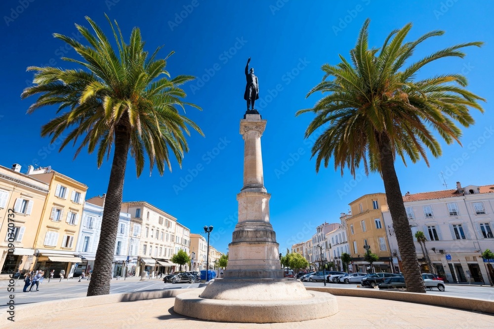 Ajaccio Napoleon Bonaparte statue in Place dâ€™Austerlitz, surrounded by palm trees and tourists ...