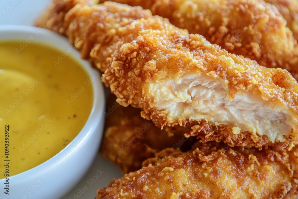 A detailed close-up top view photograph of golden fried chicken tenders ...