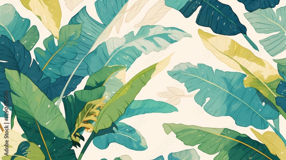 anime style boho leaf banana leaf illustration, blue green yellow ...