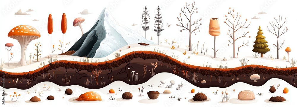 Whimsical illustration of a cross-section landscape featuring mountains ...