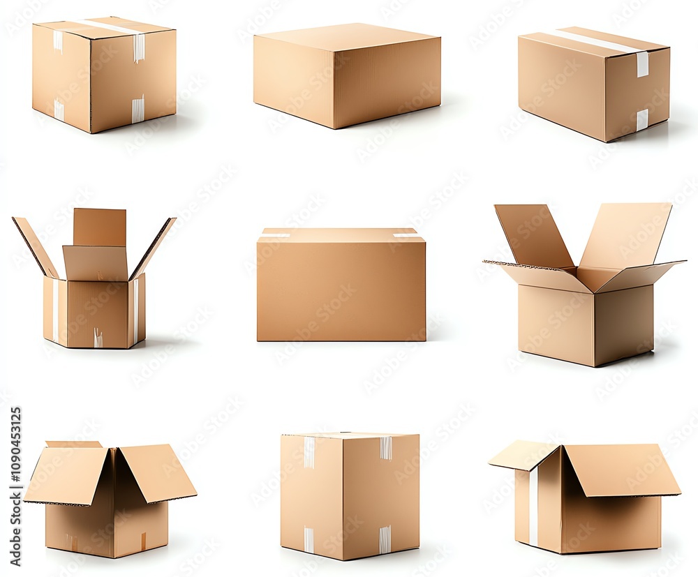 A collection of nine cardboard boxes in various states, perfect for ...