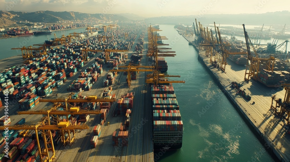 An aerial view of a bustling harbor with cargo ships and cranes loading and unloading containers ...