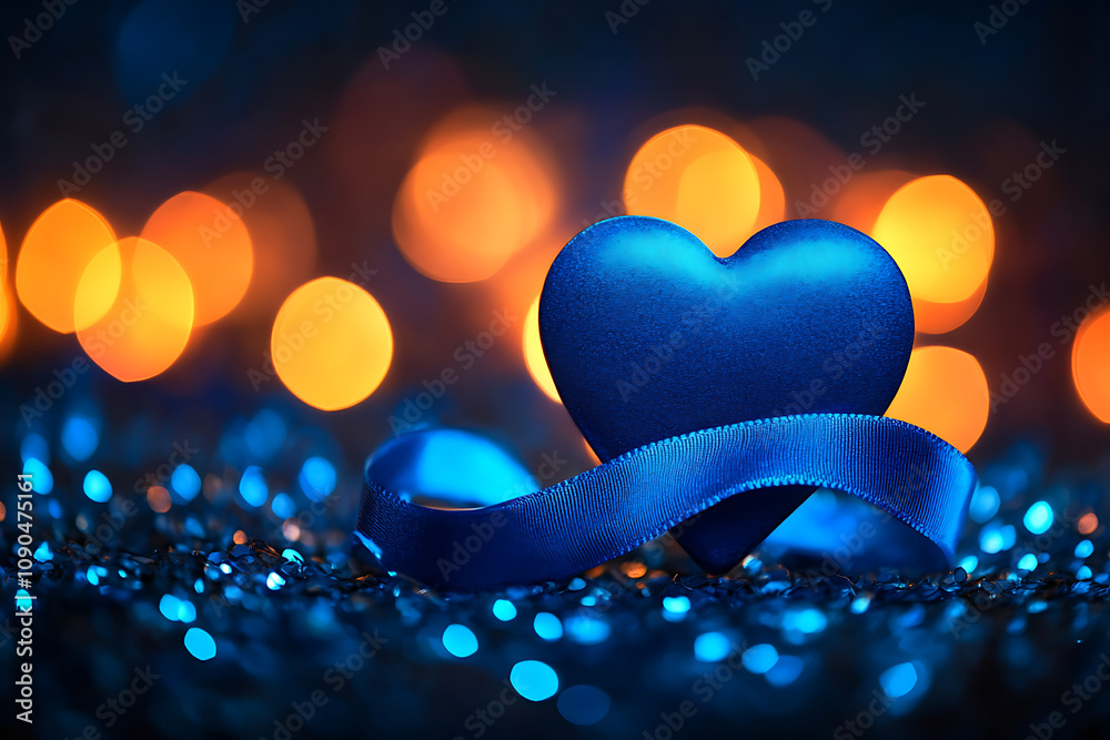 Heart-Shaped Symbol with Blue Ribbon in Luminous Bokeh Background for ...