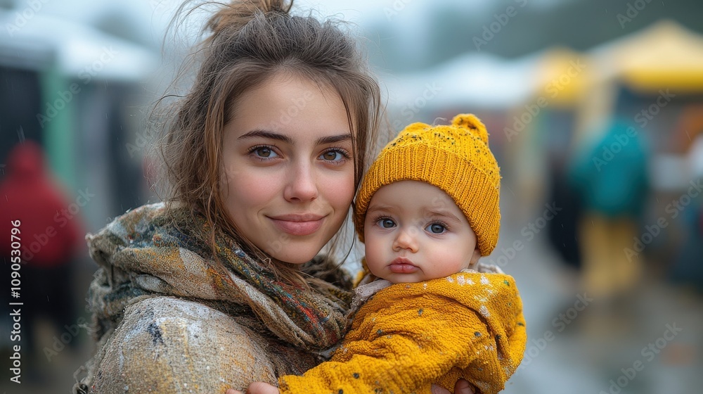 Young homeless woman cradles her baby on the street, symbolizing ...