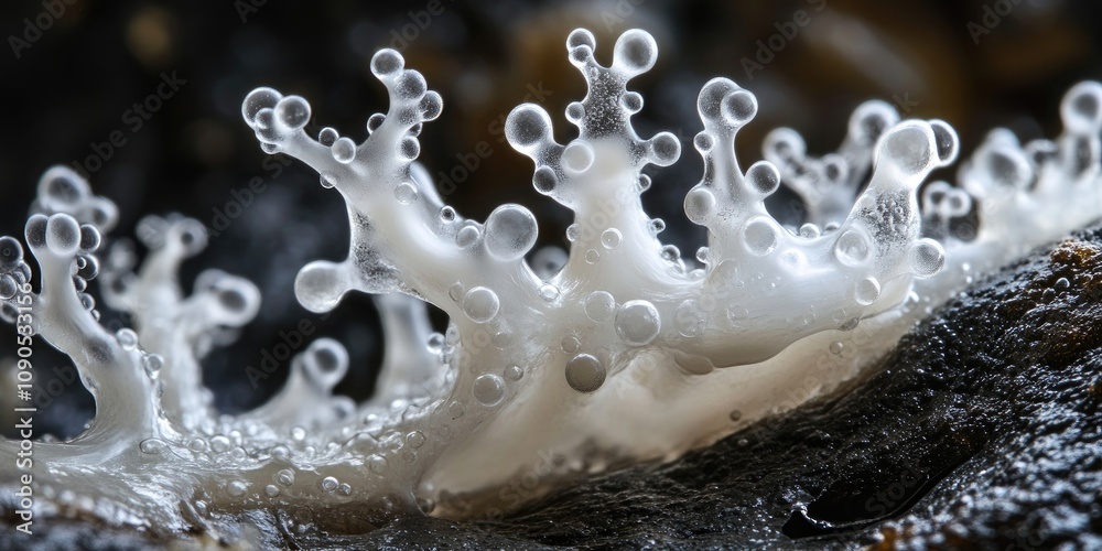 A shiny white branched plasmodium of slime mold, also known as ...