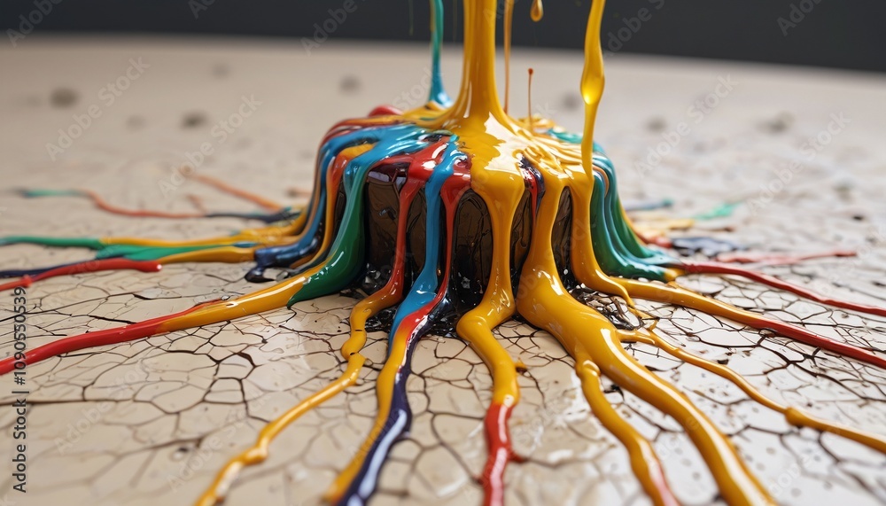 A thick, drippy substance oozing from a cracked object, forming sticky ...