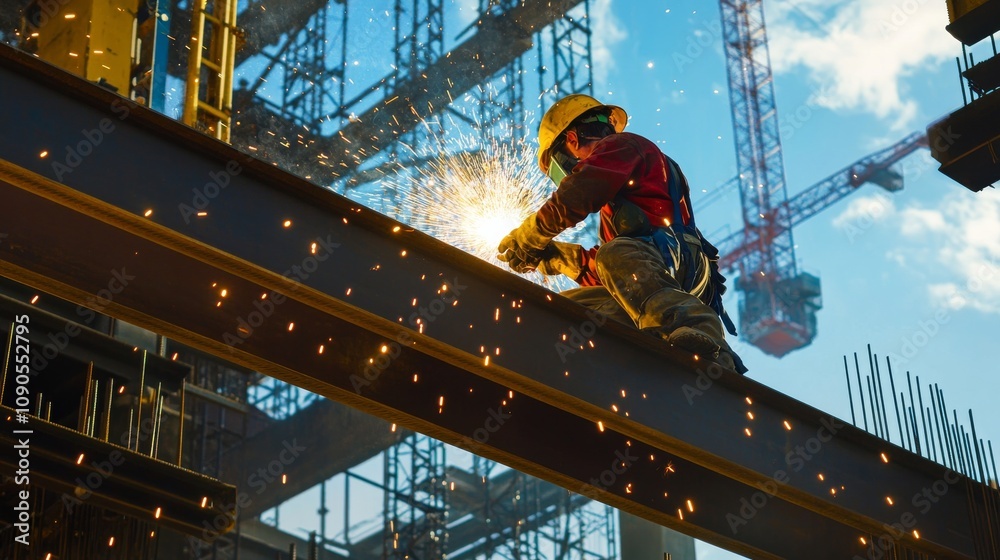An ironworker welding steel beams at a skyscraper construction site ...